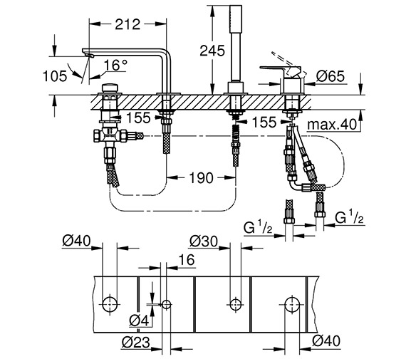 Grohe Lineare 4 Hole Single Lever Bath Combination - 19577001