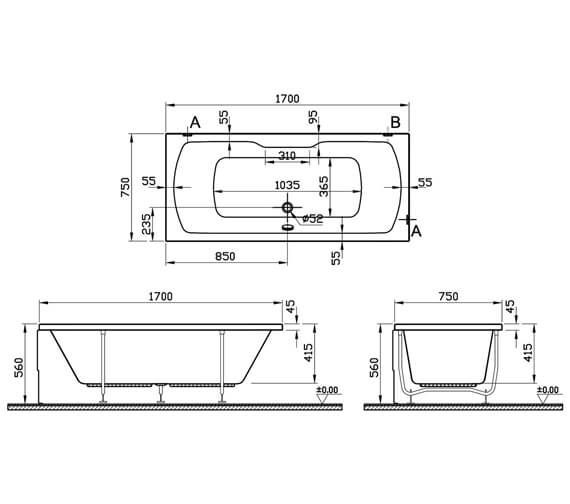 VitrA Optima White Double-Ended Bath 1700 x 750mm