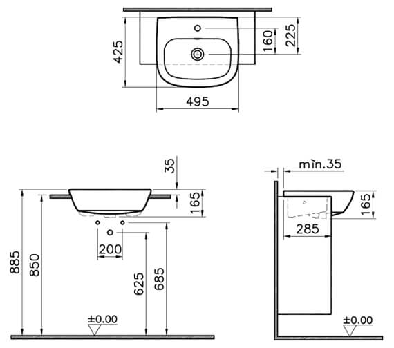 VitrA Zentrum 495mm White Semi Recessed Basin - 5635B003-0001