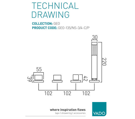 Vado Geo Chrome 4 Hole Bath Shower Mixer Set Without Spout