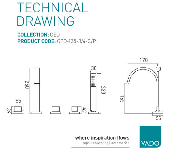 Vado Geo Chrome 5 Hole Bath Shower Mixer Tap With Kit
