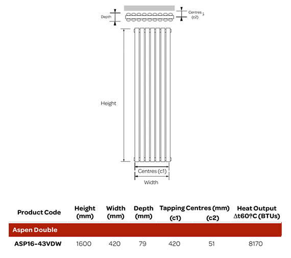 Kartell K-Rad Aspen Vertical Double Designer Radiator 420 x 1600mm