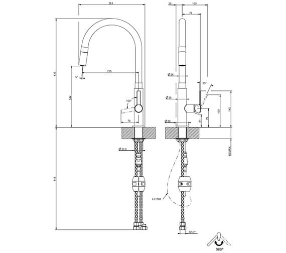 Gessi Mesh 433mm Brushed Nickel High Kitchen Mixer Tap With Pull Out ...