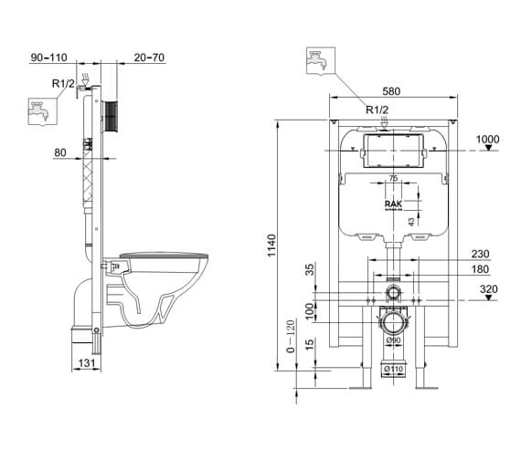 RAK Ecofix 8cm Slimline Front Flush Regular Concealed Cistern and Frame ...