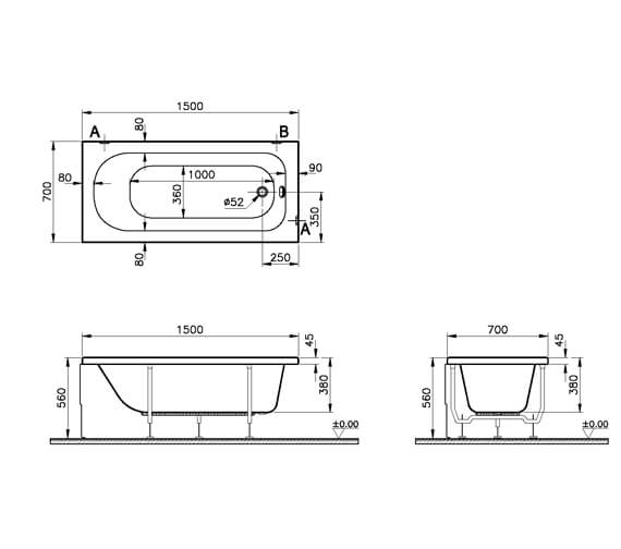 VitrA Optima No Taphole White Standard Rectangular Bath