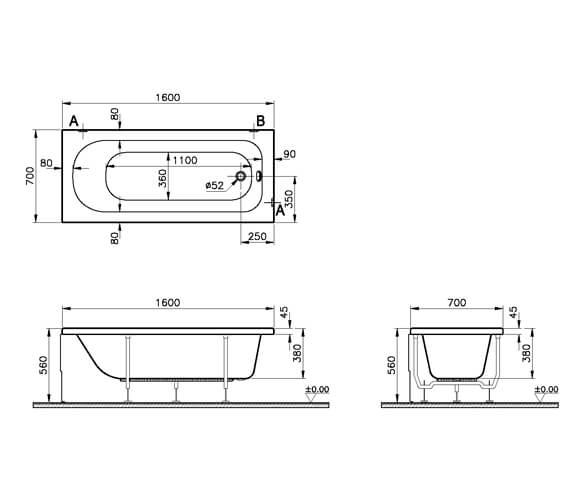 VitrA Optima No Taphole White Standard Rectangular Bath