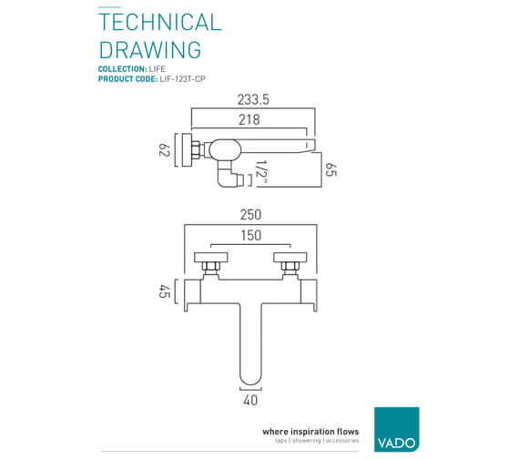 Vado Life Wall Mounted Chrome Thermostatic Bath Shower Mixer Tap