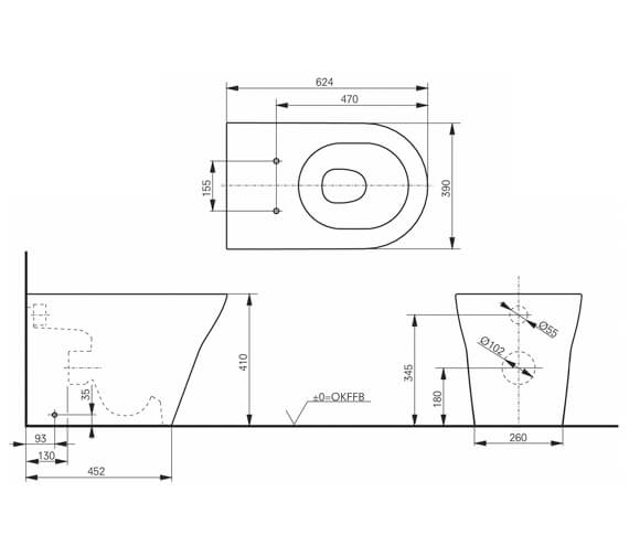 Toto MH 390 x 624mm Back-To-Wall Floor-Standing Rimless WC Pan - CW163Y
