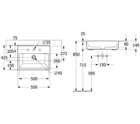 Villeroy And Boch Memento 550 x 160mm Semi-Recessed Basin.