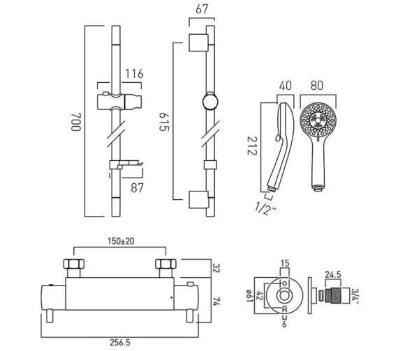 Vado Prima Exposed Chrome Thermostatic 3 Function Shower Kit With Brackets