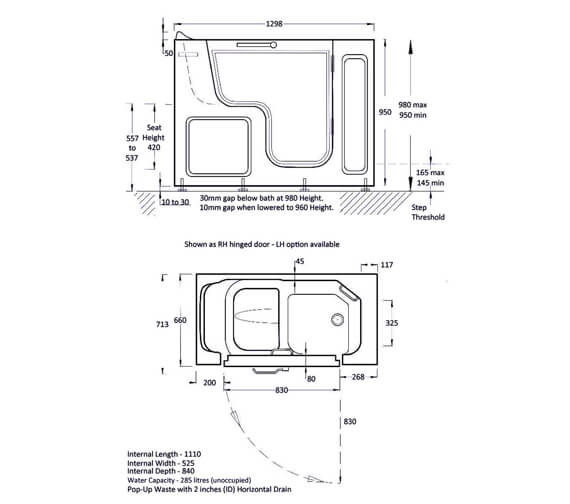 Trojan Serenity 1300 x 660mm Easy Access Walk In Bath White - B002555